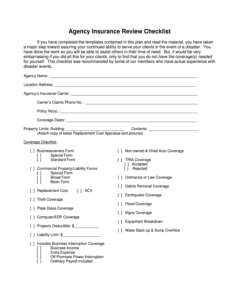 Fillable Online nc iiaa Agency Insurance Review Checklist - nciiaaorg ...