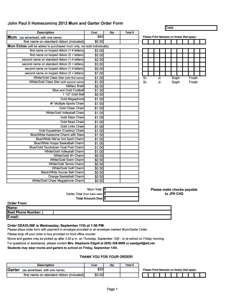 Fillable Online johnpaul2chs 2012 Mum Order Form - John Paul II ...