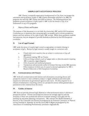 Fillable Online Sample Gift Acceptance Policies - Kathryn Miree and ...