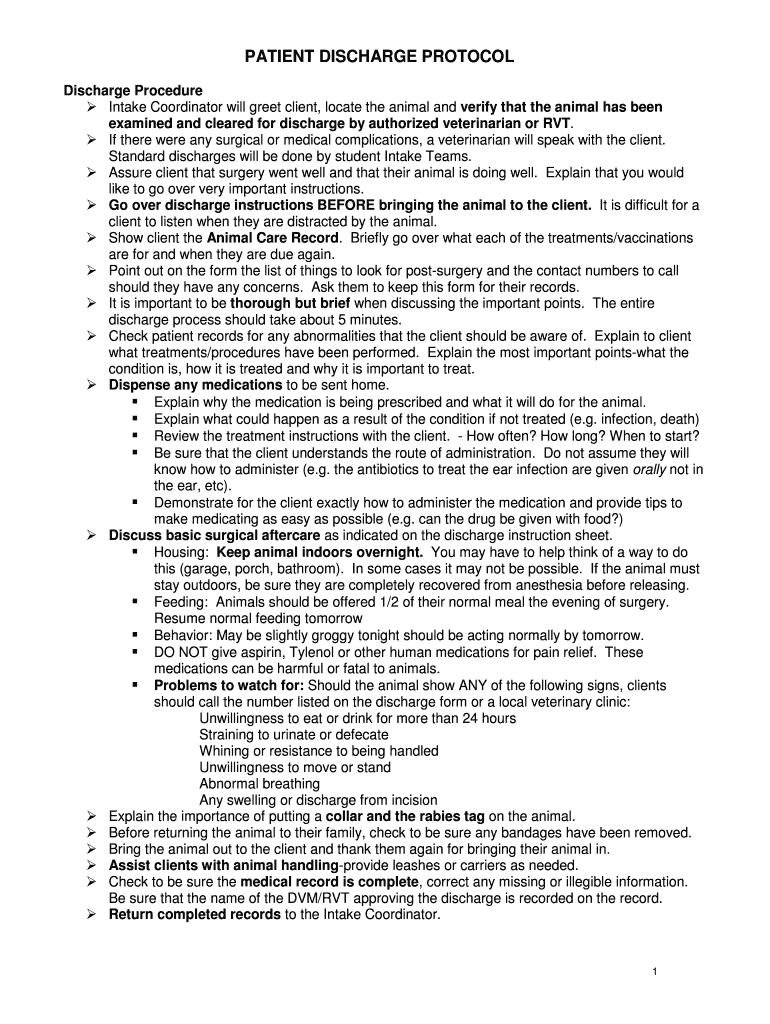 Fillable Online PATIENT DISCHARGE PROTOCOL Fax Email Print - pdfFiller