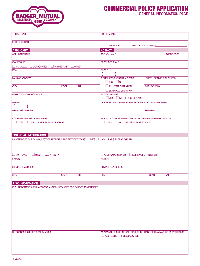 Fillable Online COMMERCIAL POLICY APPLICATION - Bedford Underwriters Fax Email Print - pdfFiller