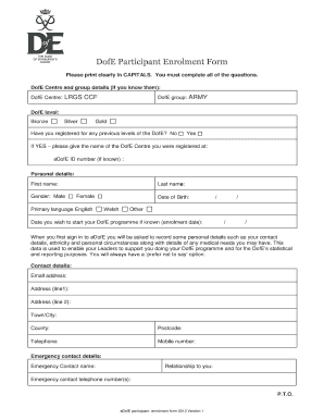 Fillable Online DofE Participant Enrolment Form - bwisepaycoukb Fax ...
