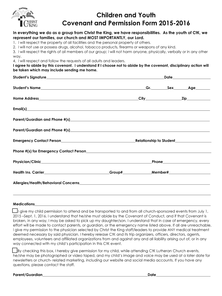 Fillable Online Children and Youth Covenant and Permission bFormb 2015 ...
