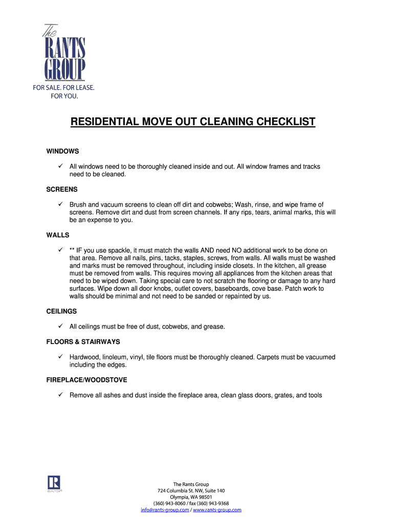 Fillable Online RESIDENTIAL MOVE OUT CLEANING CHECKLIST Fax Email Print ...