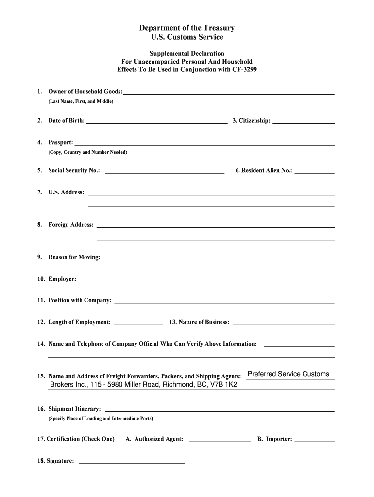 Fillable Online 3299PDF Declaration for Free Entry of Unaccompanied ...