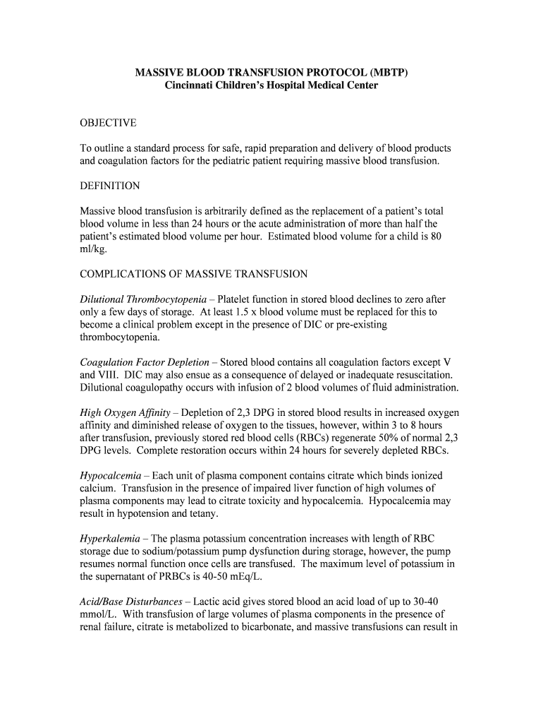 Fillable Online MASSIVE BLOOD TRANSFUSION PROTOCOL (MBTP) Fax Email ...