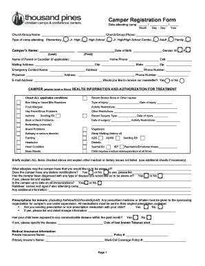 Fillable Online Camper Registration Form - Thousand Pines Christian ...
