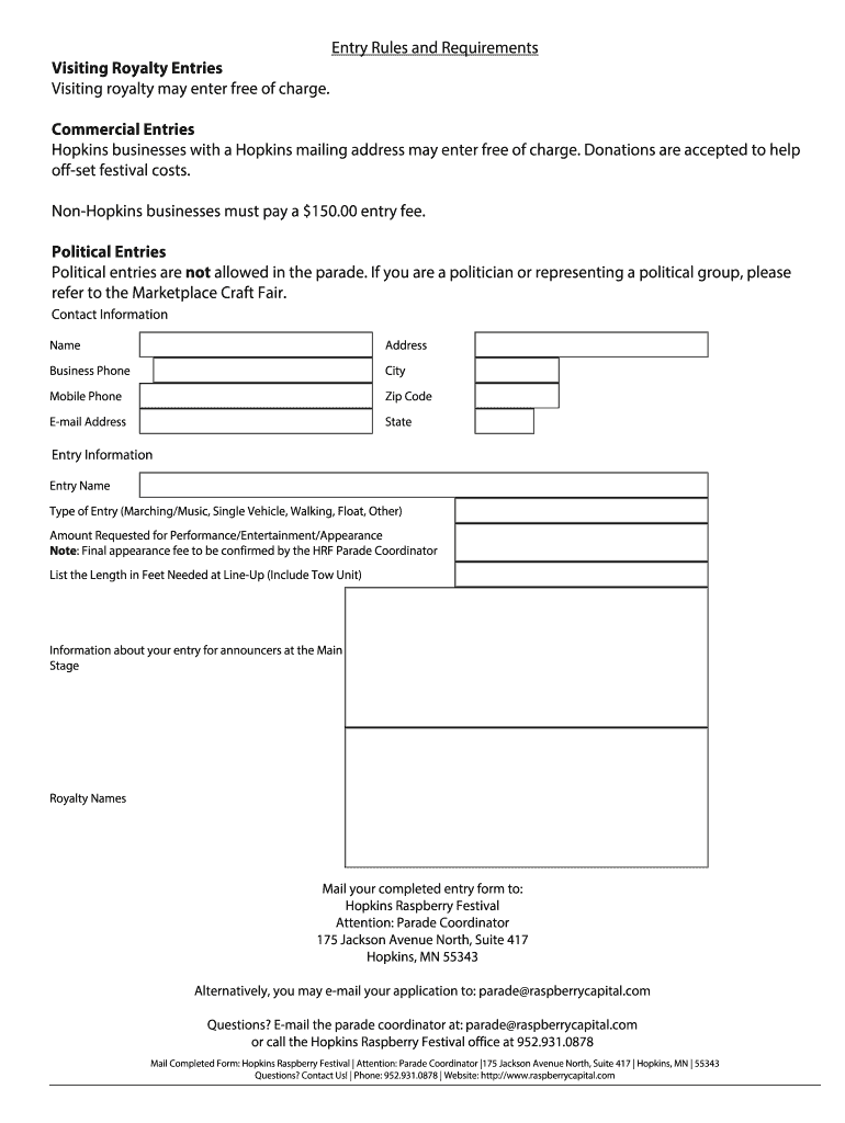 Fillable Online Hopkins Raspberry Festival Grande Day Parade Entry Form ...