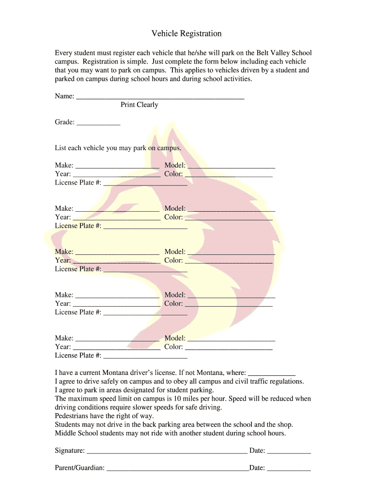 Fillable Online Vehicle Registration - Belt Public Schools Overview Fax ...