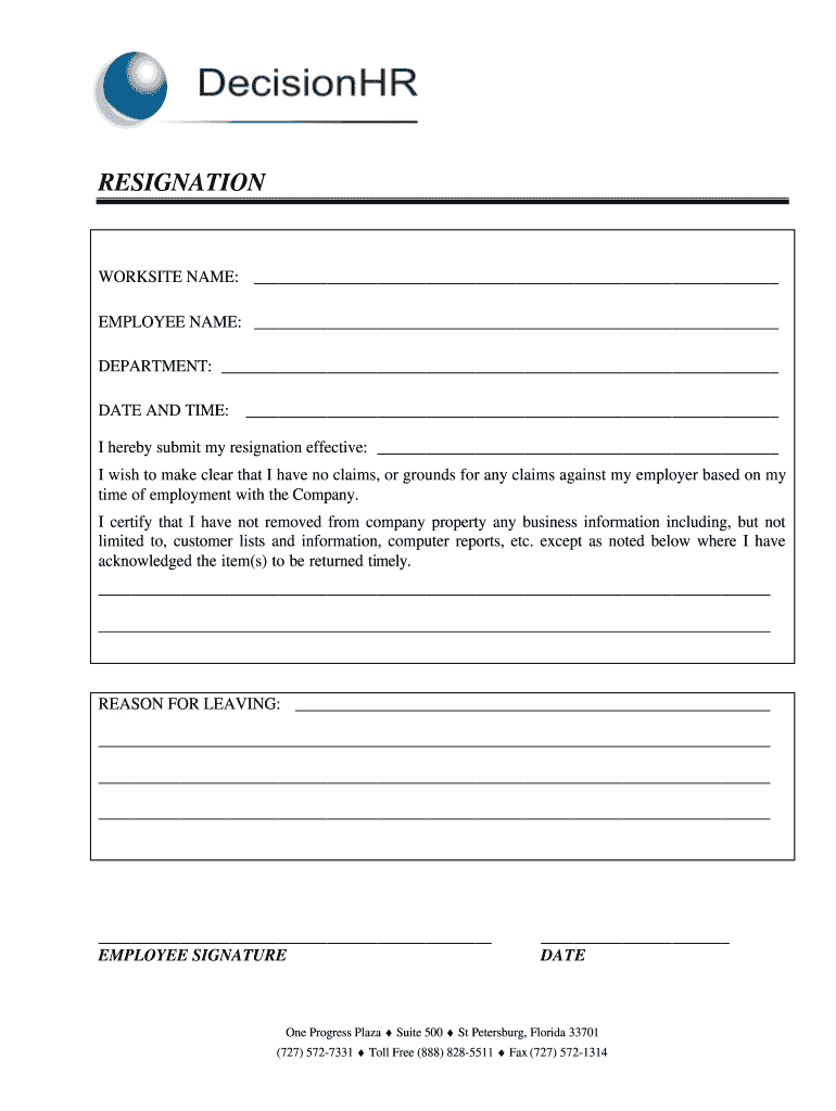 Fillable Online HR Employee Resignation Form - Decision Hr Fax Email ...