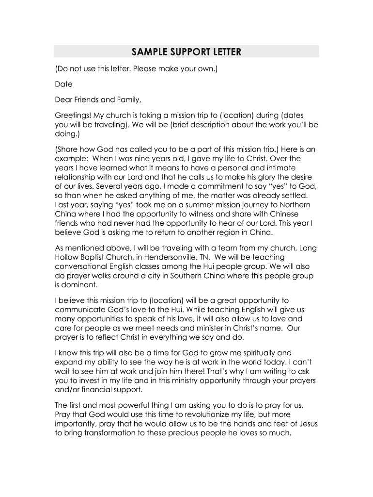Fillable Online SAMPLE SUPPORT LETTER - Long Hollow Baptist Church Fax ...