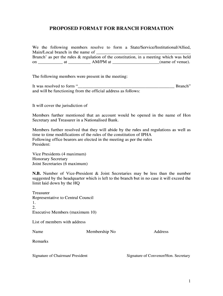 Fillable Online iphaonline PROPOSED FORMAT FOR BRANCH FORMATION ...
