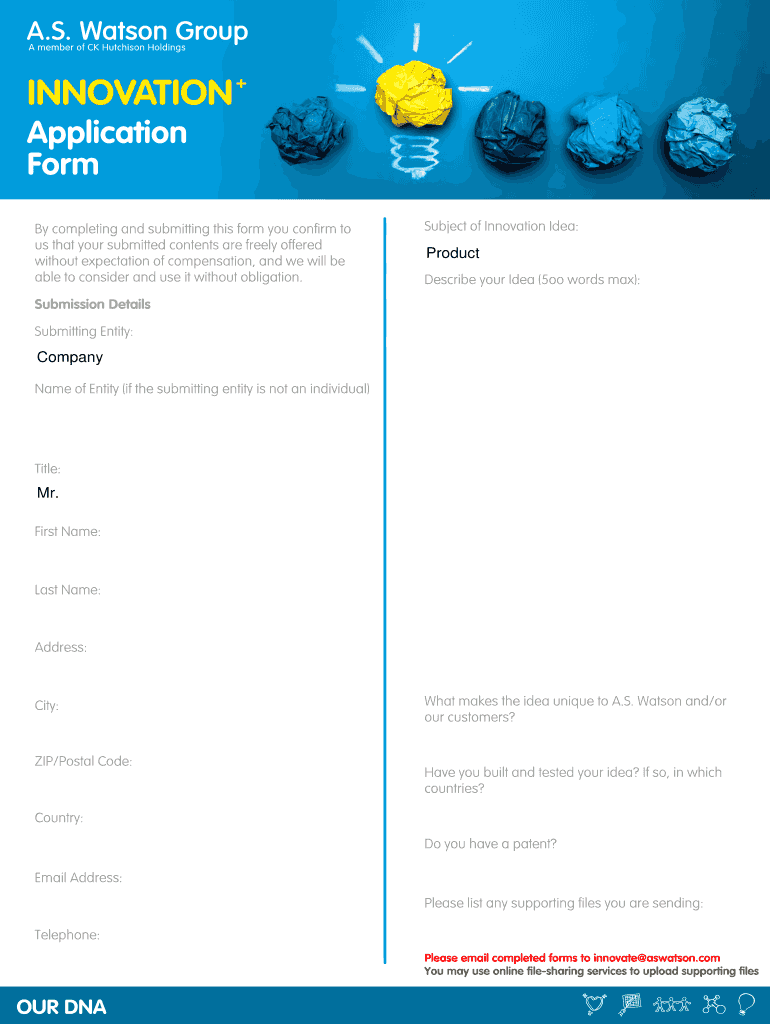 Fillable Online ASW Innovation Application Form 9 - AS Watson Group Fax ...