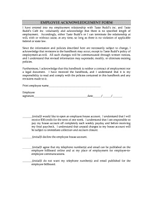 Fillable Online EMPLOYEE ACKNOWLEDGEMENT FORM - Taste Budds Fax Email ...