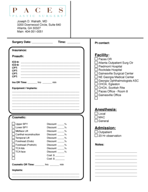 Fillable Online JDW Surgical Booking Sheet - Joseph Walrath MD Fax ...