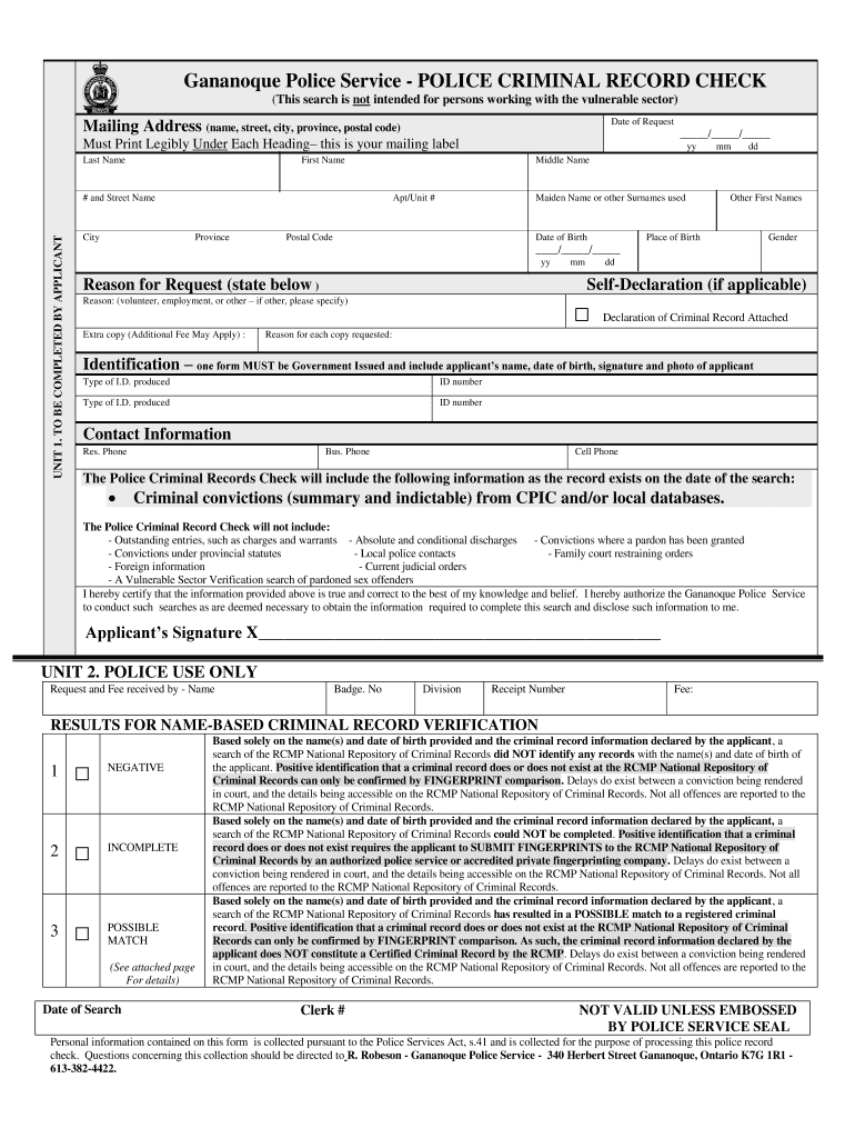 Fillable Online Gananoque Police Service - POLICE CRIMINAL RECORD CHECK ...