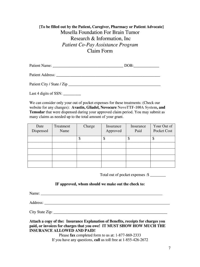 Fillable Online braintumorcopays To be filled out by the Patient ...