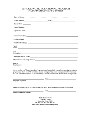 Fillable Online SCHOOLWORK VOCATIONAL PROGRAM STUDENTS EMPLOYMENT ...