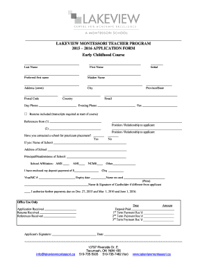 Fillable Online 2016 APPLICATION FORM Early Childhood Course - Lakeview ...