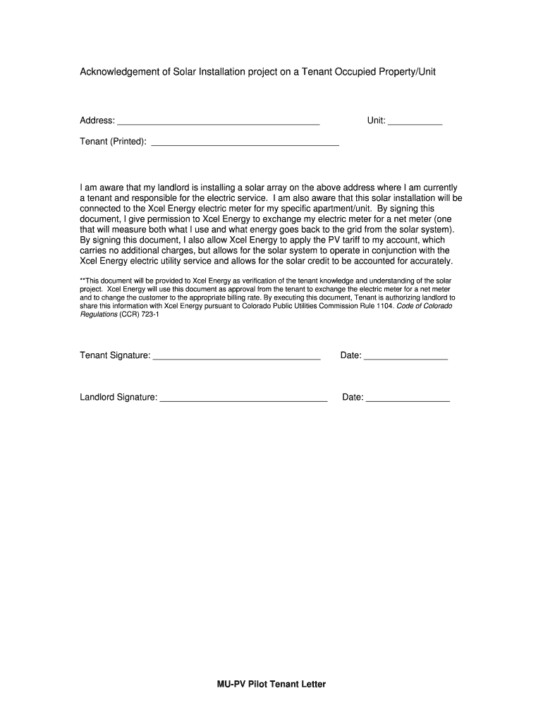 Fillable Online Acknowledgement of Solar Installation project on a ...