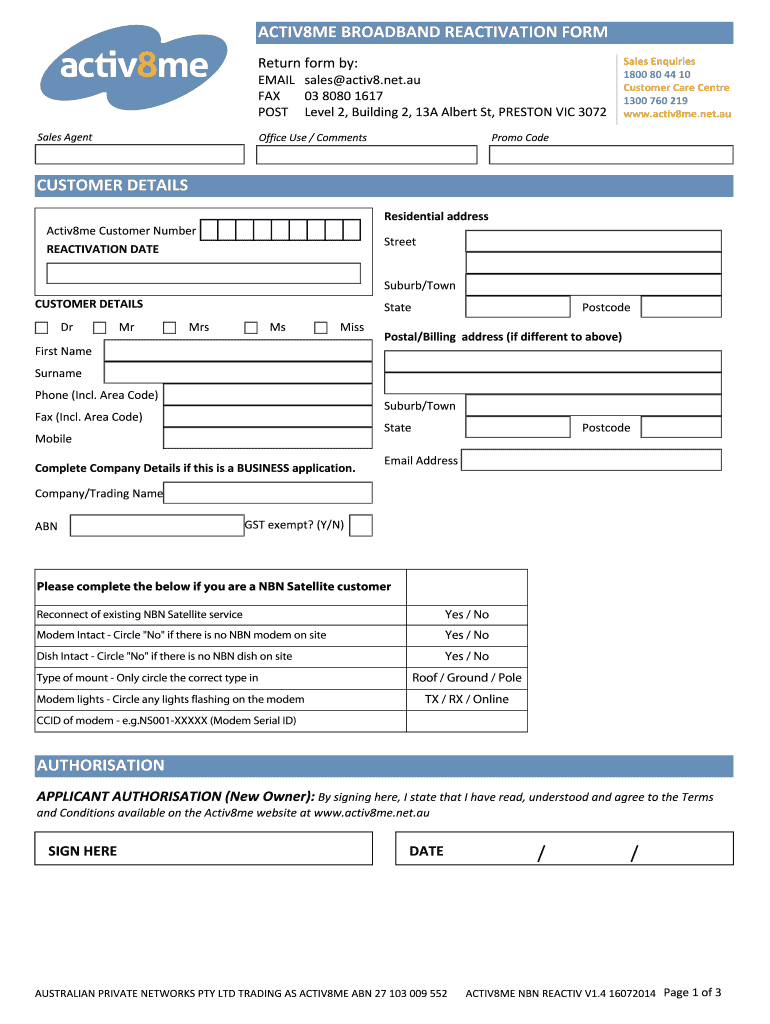 Fillable Online activ8me net ACTIV8ME BROADBAND REACTIVATION FORM Fax ...