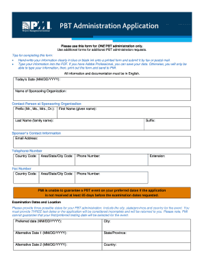 Fillable Online pmi Please use this form for ONE PBT administration ...