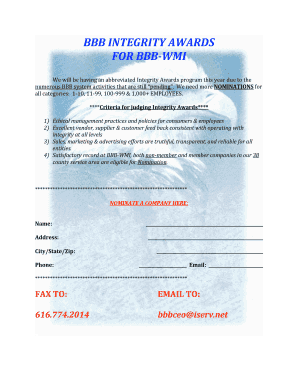 Fillable Online westernmichigan bbb BBB INTEGRITY AWARDS FOR BBBWMI ...