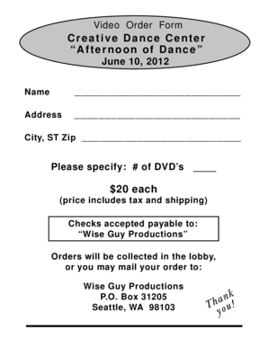 Fillable Online creativedance Video Order Form Creative Dance Center ...