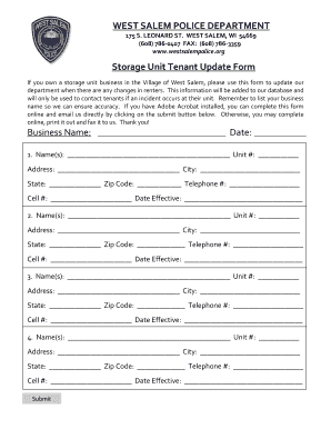 Fillable Online westsalempolice Storage Unit Tenant Update Form - West ...