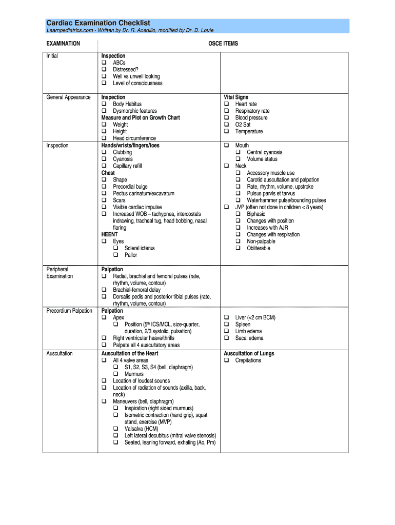 Fillable Online Cardiac Examination Checklist Fax Email Print - pdfFiller
