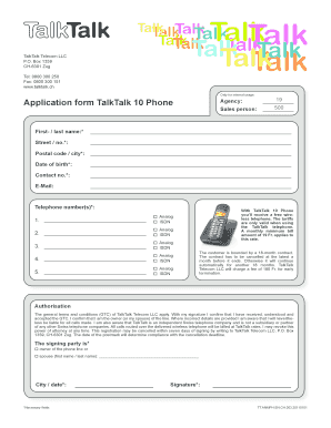 Fillable Online talk-talk Application form TalkTalk 10 Phone TalkTalk ...