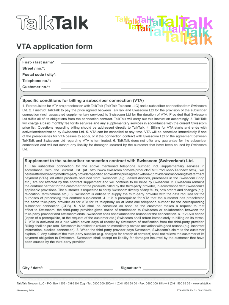 Fillable Online talk-talk VTA application form - TalkTalk Fax Email ...