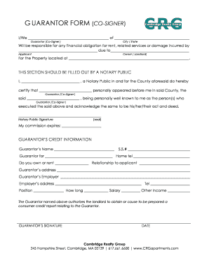 Fillable Online G UARANTOR FORM CO-SIGNER - bcrgapartmentscomb Fax ...