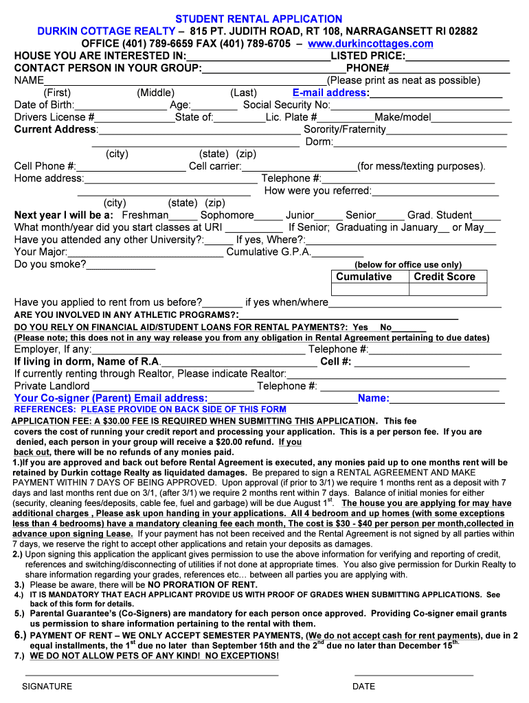 Fillable Online STUDENT RENTAL APPLICATION new - Durkin Cottages Fax ...