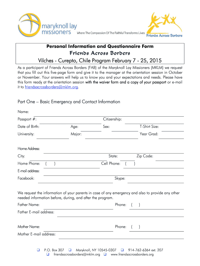 Fillable Online friendsacrossborders Feb2015 Personal Information ...