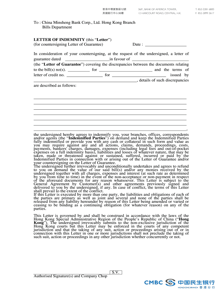 Fillable Online 12 Letter of Indemnity for countersigning Letter of ...