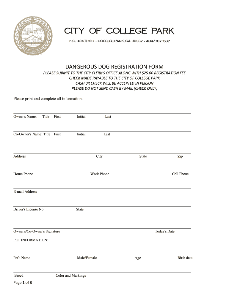 Dangerous Dog Registration Form - Blank Fillable Template | Fill Out ...