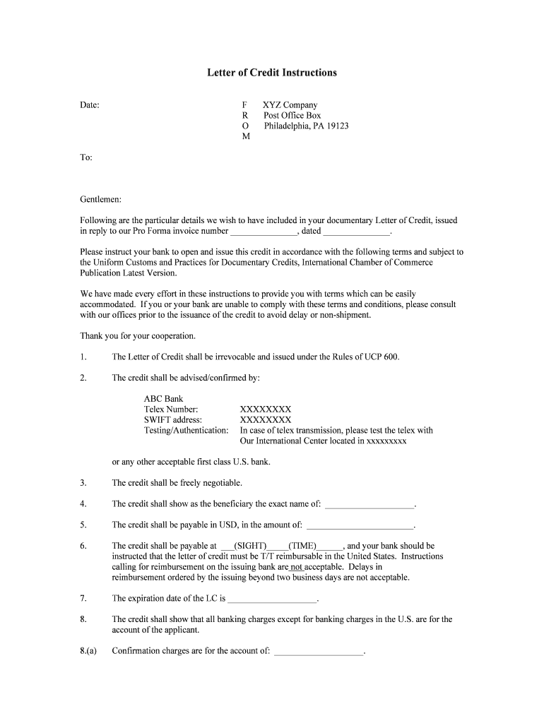 Fillable Online Letter of Credit Instructions - brhdccomb Fax Email ...