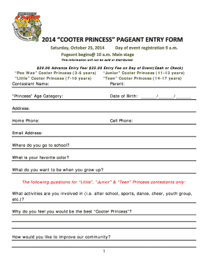 Fillable Online 2014 COOTER PRINCESS PAGEANT ENTRY FORM Fax Email Print ...