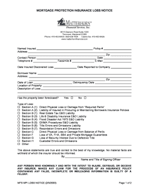 Fillable Online MORTGAGE PROTECTION INSURANCE LOSS NOTICE Fax Email ...