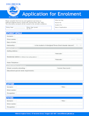 Fillable Online hillbrook qld edu Application for Enrolment - Hillbrook Anglican School ...