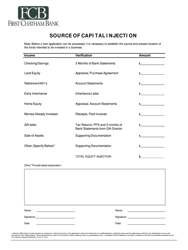 Fillable Online Source of Capital Injection Form - First Chatham Fax ...