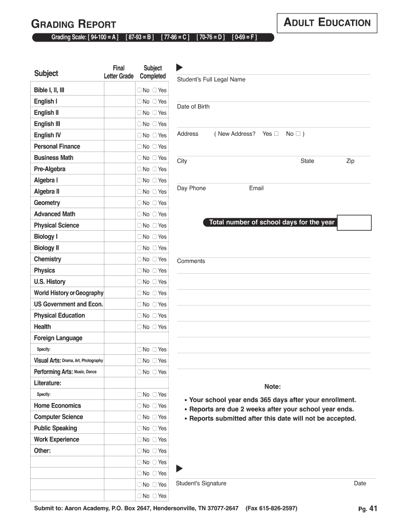Fillable Online Final Subject u Subject Letter Grade Completed Fax ...