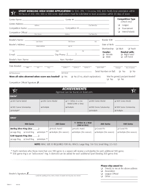 Fillable Online SPORT BOWLING HIGH SCORE APPLICATIONfor 300 299 11-in-a ...