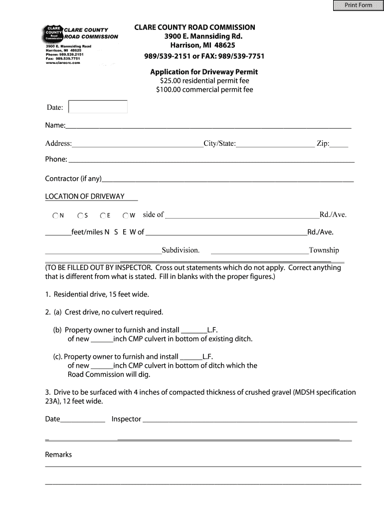 Fillable Online CLARE COUNTY ROAD COMMISSION 3900 E Mannsiding Rd Harrison Fax Email Print ...