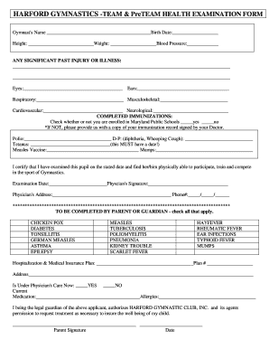 Fillable Online HARFORD GYMNASTICS - HEATH EXAMINATION FORM Fax Email ...