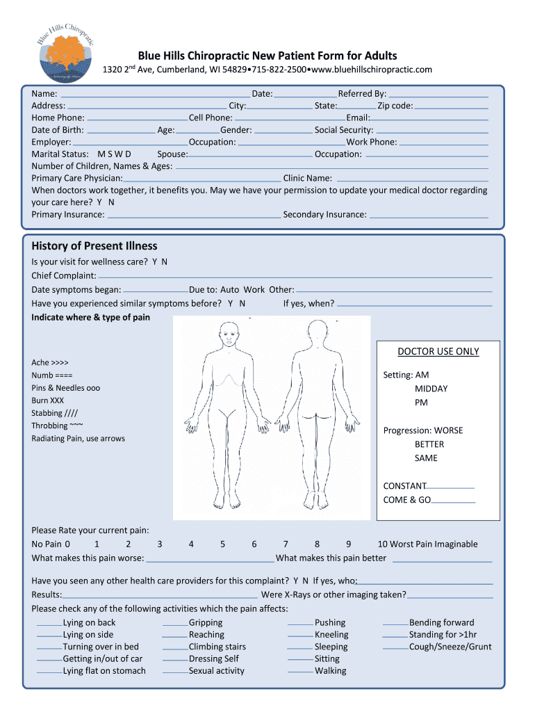 Fillable Online Blue Hills Chiropractic New Patient Form for Adults Fax Email Print - pdfFiller