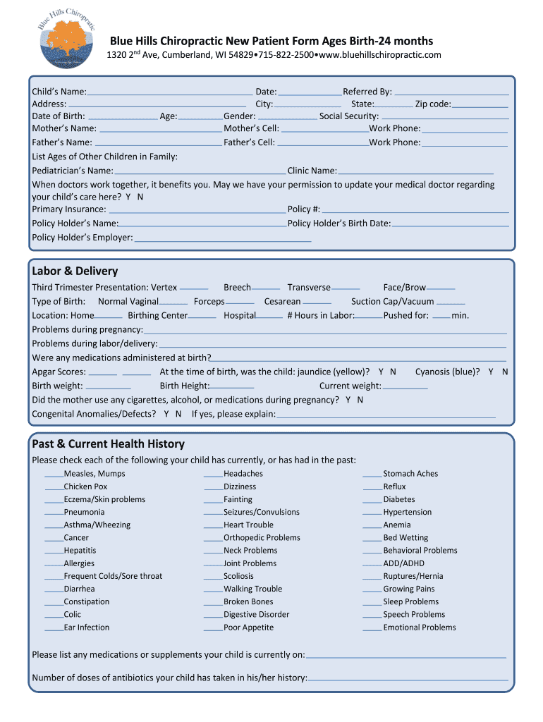 Fillable Online Blue Hills Chiropractic New Patient Form Ages Birth-24 ...