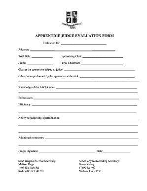 Fillable Online awta APPRENTICE JUDGE EVALUATION FORM - AWTA Fax Email ...