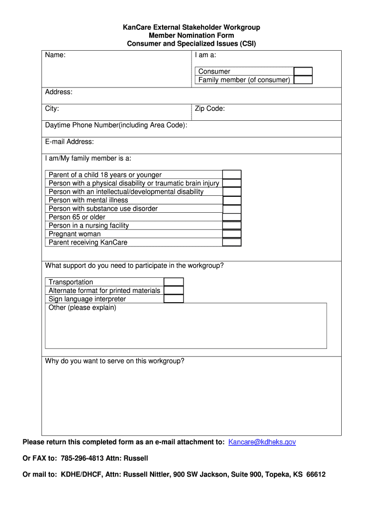 Fillable Online KanCare External Stakeholder Workgroup Member ...